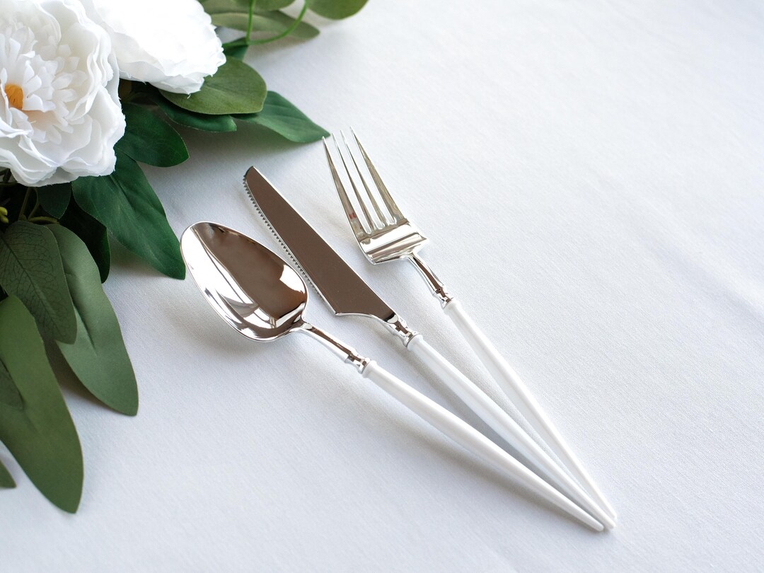 White and Silver Modern Plastic Utensils, Wedding Table Flatware Set ...