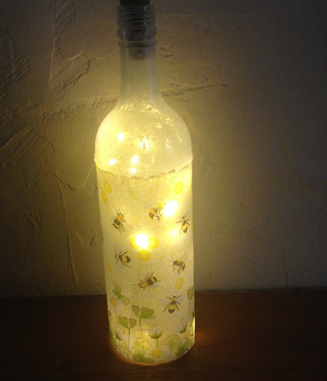 LED Light up Bottle Lamp Decoupaged Honey Bee, Bumble Bee, in Clover ...
