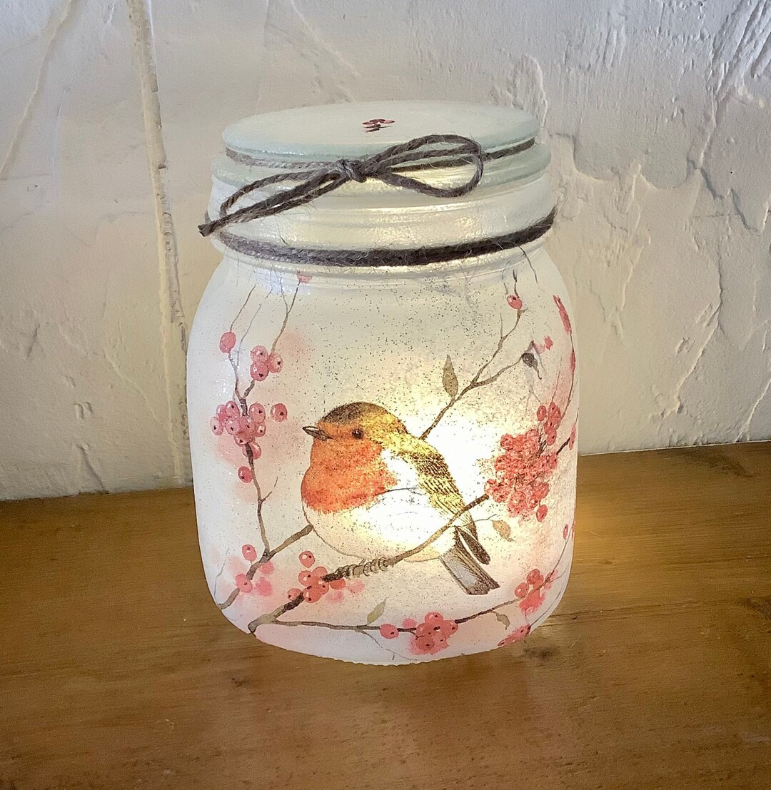 Light up Robin Garden Bird Design Handcrafted Decoupaged Jar - Etsy UK