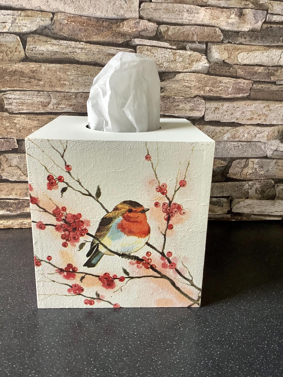 Robin Garden Bird Print Tissue Box Cover Decoupaged Wooden Home Decor ...