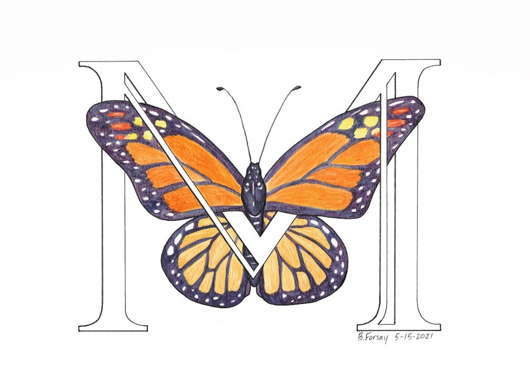 Monarch Butterfly Watercolor Painting Art Print - Letter M, Initial M ...