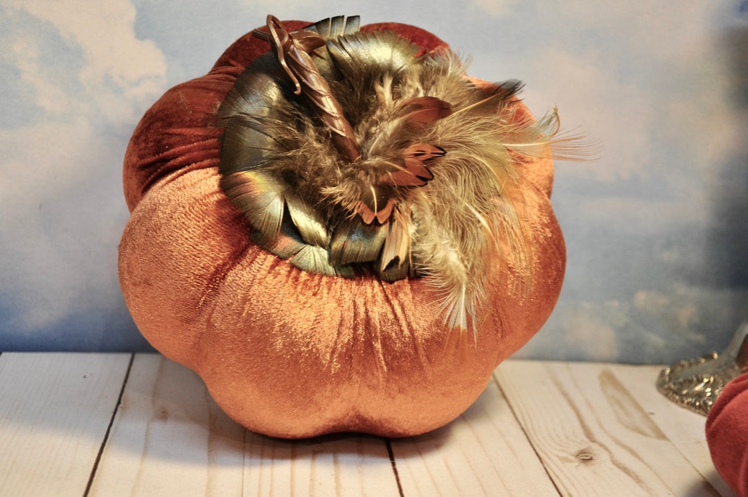 Large Velvet Fabric Covered Pumpkin Centerpiece Real Pheasant Feathers ...