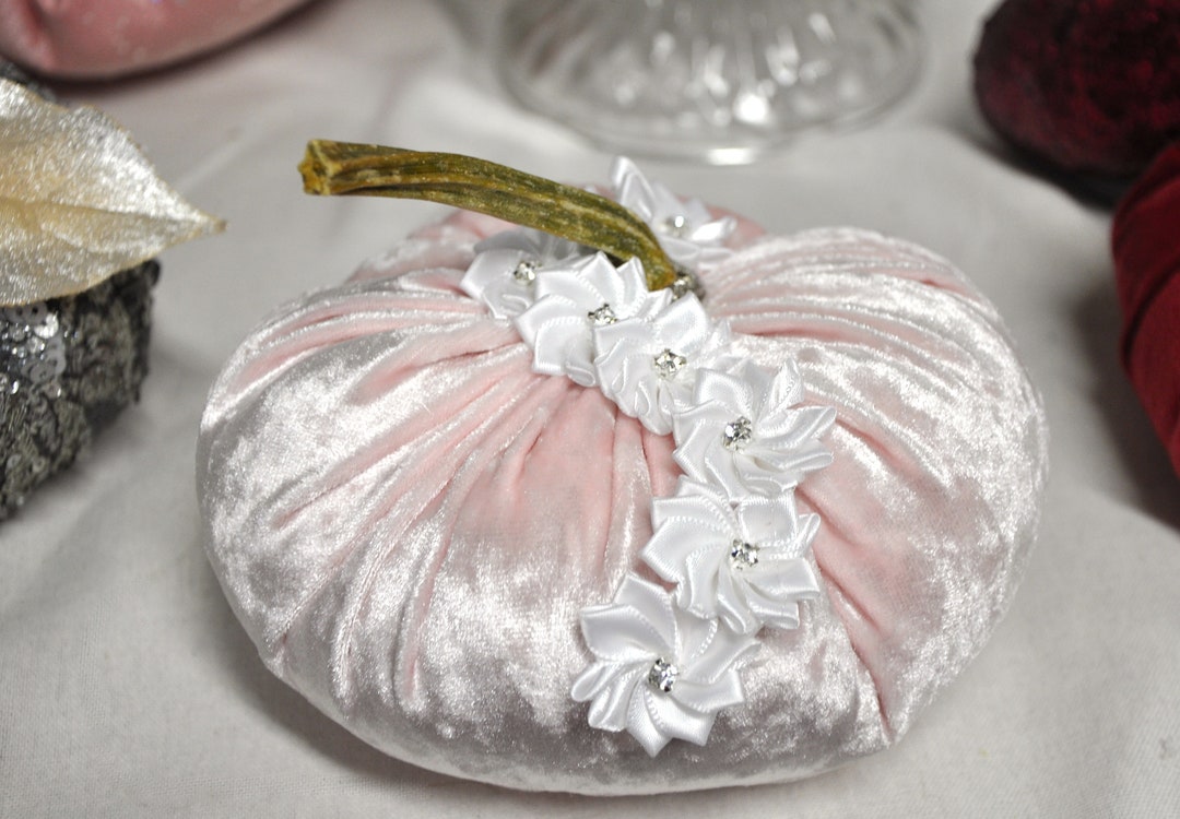 Designer Pink Silk Velvet Pumpkins Decor: White Satin Flowers, Real ...