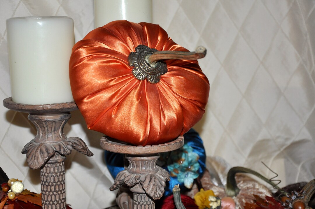 Velvet Pumpkin Real Stem on Antique Door Knob Fall Wedding Thanksgiving Home Decor Burnt Orange ...