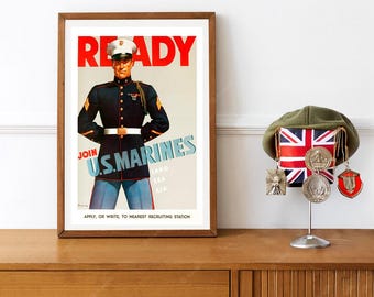 Vintage WWII US Marines Marine Corps Recruiting Military Poster Digital ...