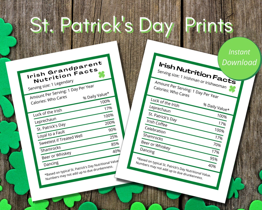Irish Nutrition Facts . St Patrick's Day Prints . Wall Art . Instant ...