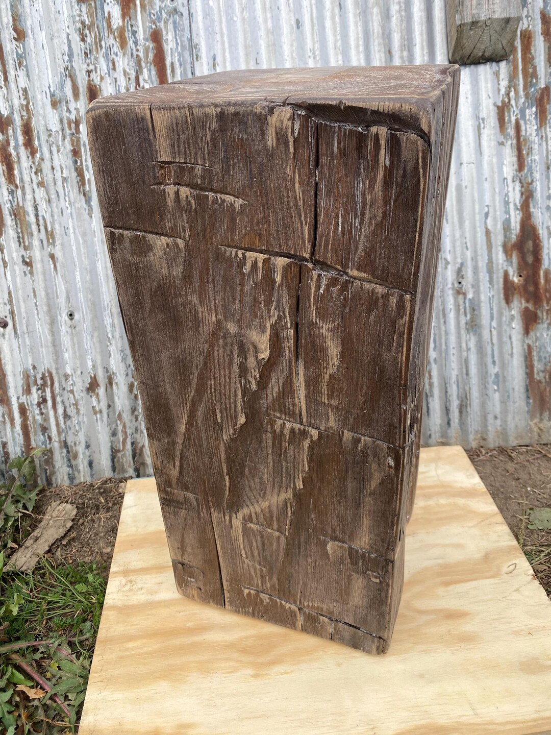 Barn Beam Side Table, Antique Barnwood Pedestal, Distressed Rustic ...