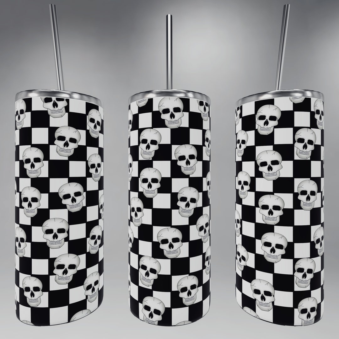 Black and White Skull Checkered 20oz Skinny Straight Tumbler Wrap PNG ...