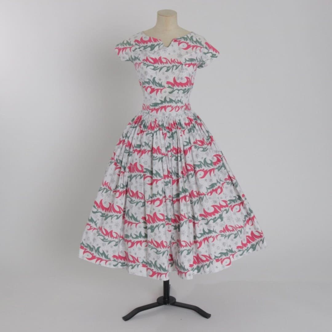 Vintage 1950s Horrockses Dress: Pink & Green Floral Novelty Print (XS ...