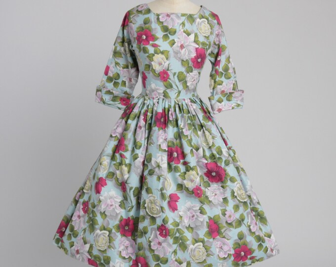 Vintage 1950s Original Julian Frances Pale Blue Cotton Floral Print ...