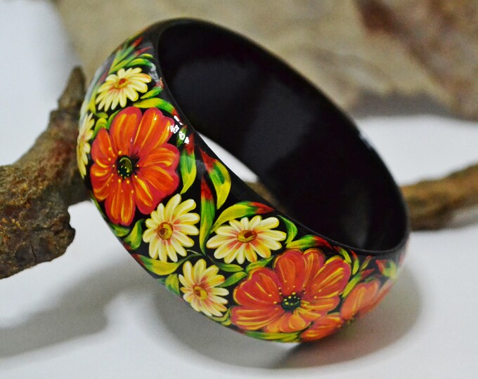 Bracelet Wooden Hand Painted Bangle Russian Folk Style Hand Painted ...