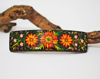 Hair Barrette Wooden Hand Painted Hair Clip Handmade Russian Folk Style ...
