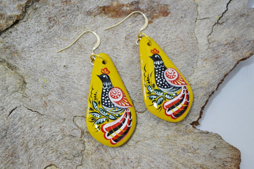 Earrings Hand Painted Wooden Earrings Russian Folk Style Gorodets ...