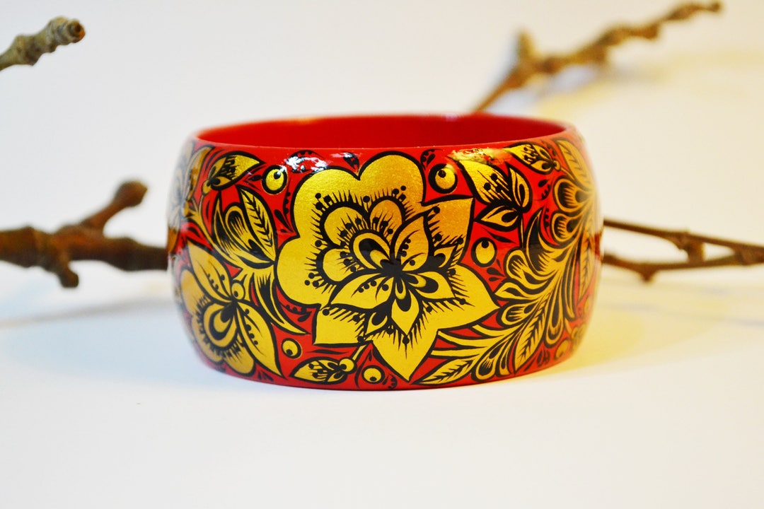 Bracelet Hand Painted Wooden Bangle Russian Folk Style Painted Bracelet ...