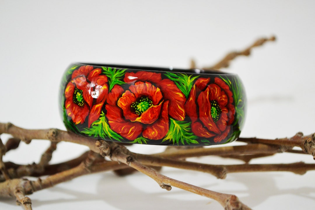 Bracelet Wooden Hand Painted Bracelet Slavic Style Red Poppies Wooden ...