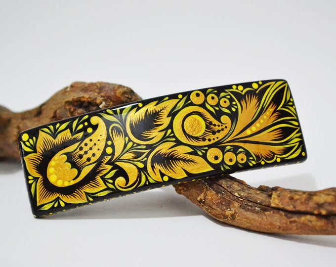 Hair Barrette Wooden Hand Painted Handmade Hair Clip Russian Folk Style ...