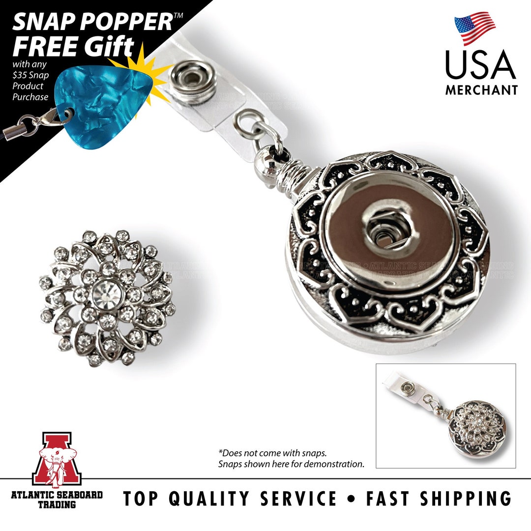 Flower Motif Border Snap Button Badge Reel, Retractable ID Holder, Snap ...