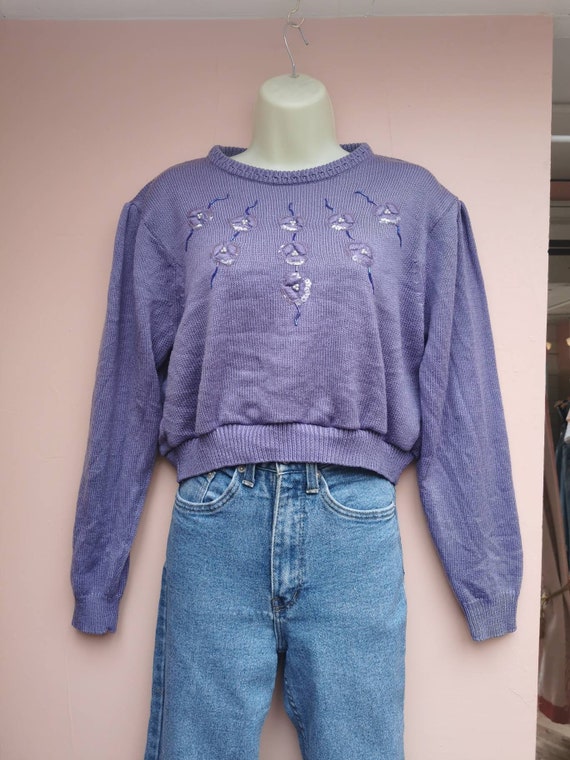 1980-90s cropped purple lilac lavender pullover embel… - Gem