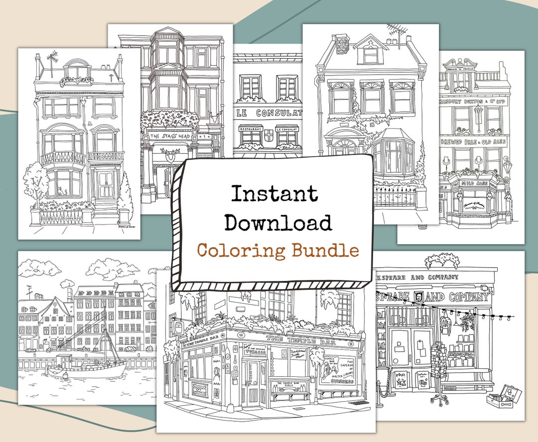 Urban Sketching Coloring Pages Bundle – Cityscapes (PNG Digital ...