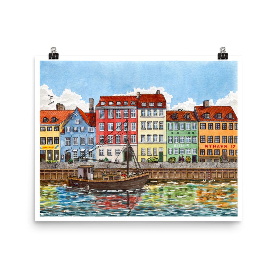 Nyhavn Copenhagen Art Print, Denmark Travel, Watercolor Canal Artwork ...