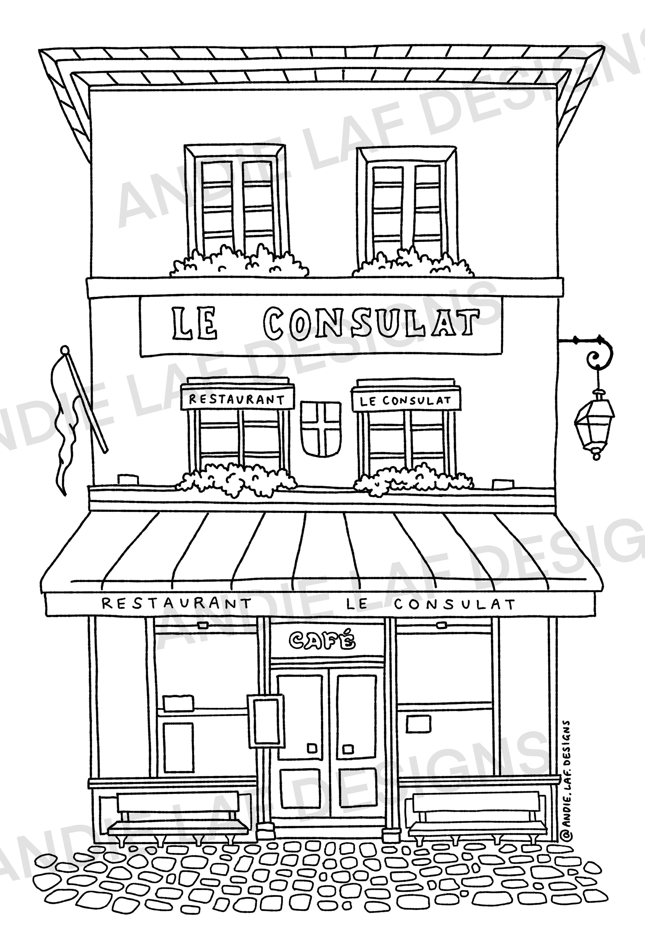 Paris Cafe Colouring Page, Le Consulat, Urban Sketch (digital Download ...