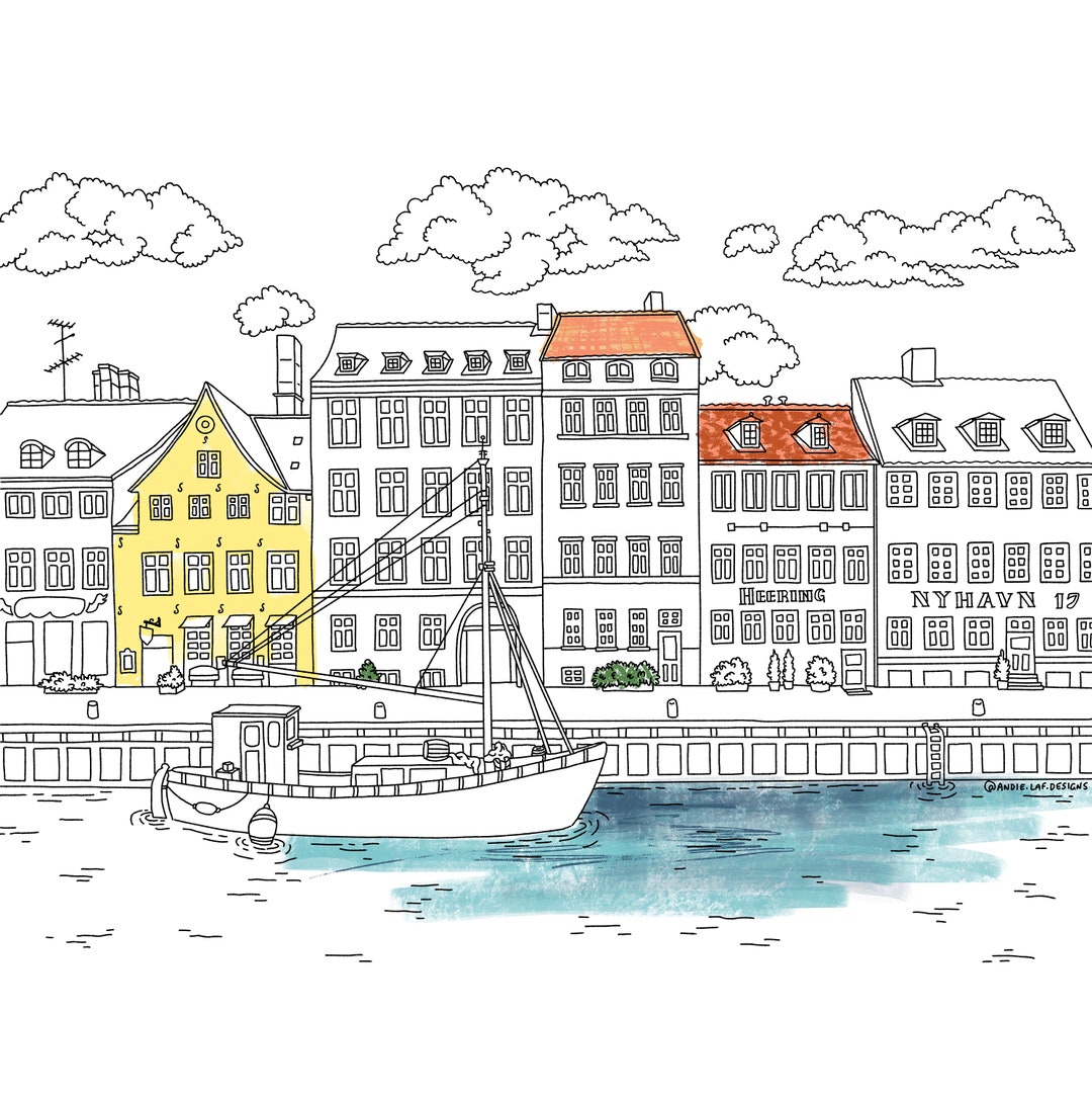 Nyhavn Canal Colouring Sheet, Copenhagen Urban Sketch (digital Download ...