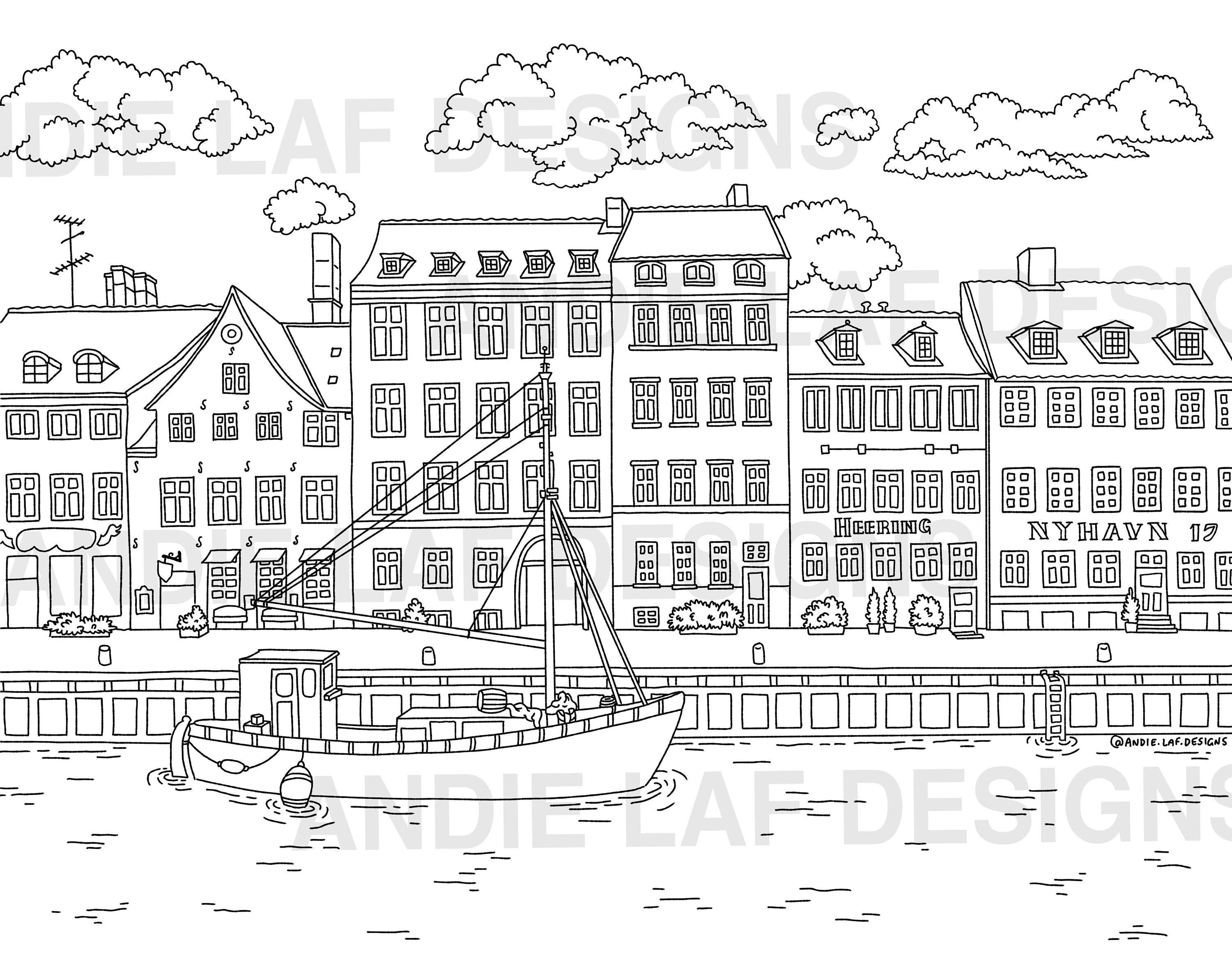 Nyhavn Canal Colouring Sheet, Copenhagen Urban Sketch (digital Download ...