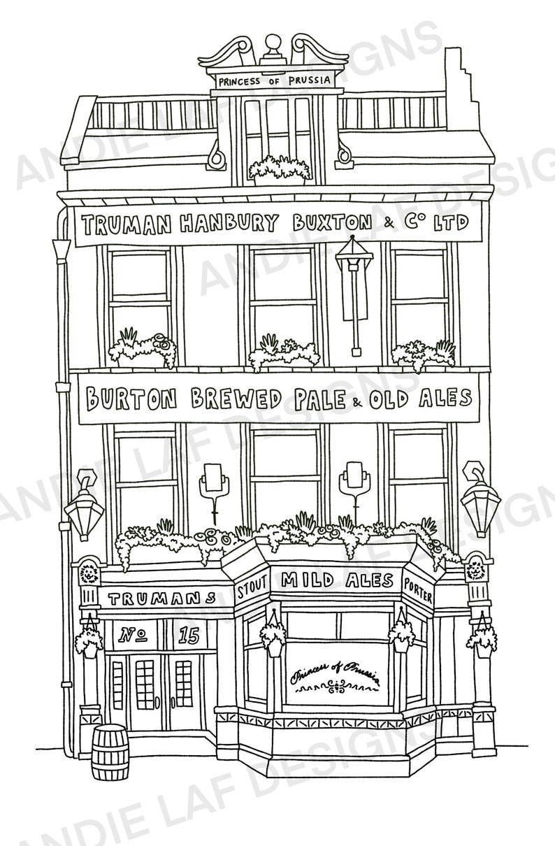London Pub Colouring Page, Urban Sketch, Princess of Prussia (digital ...
