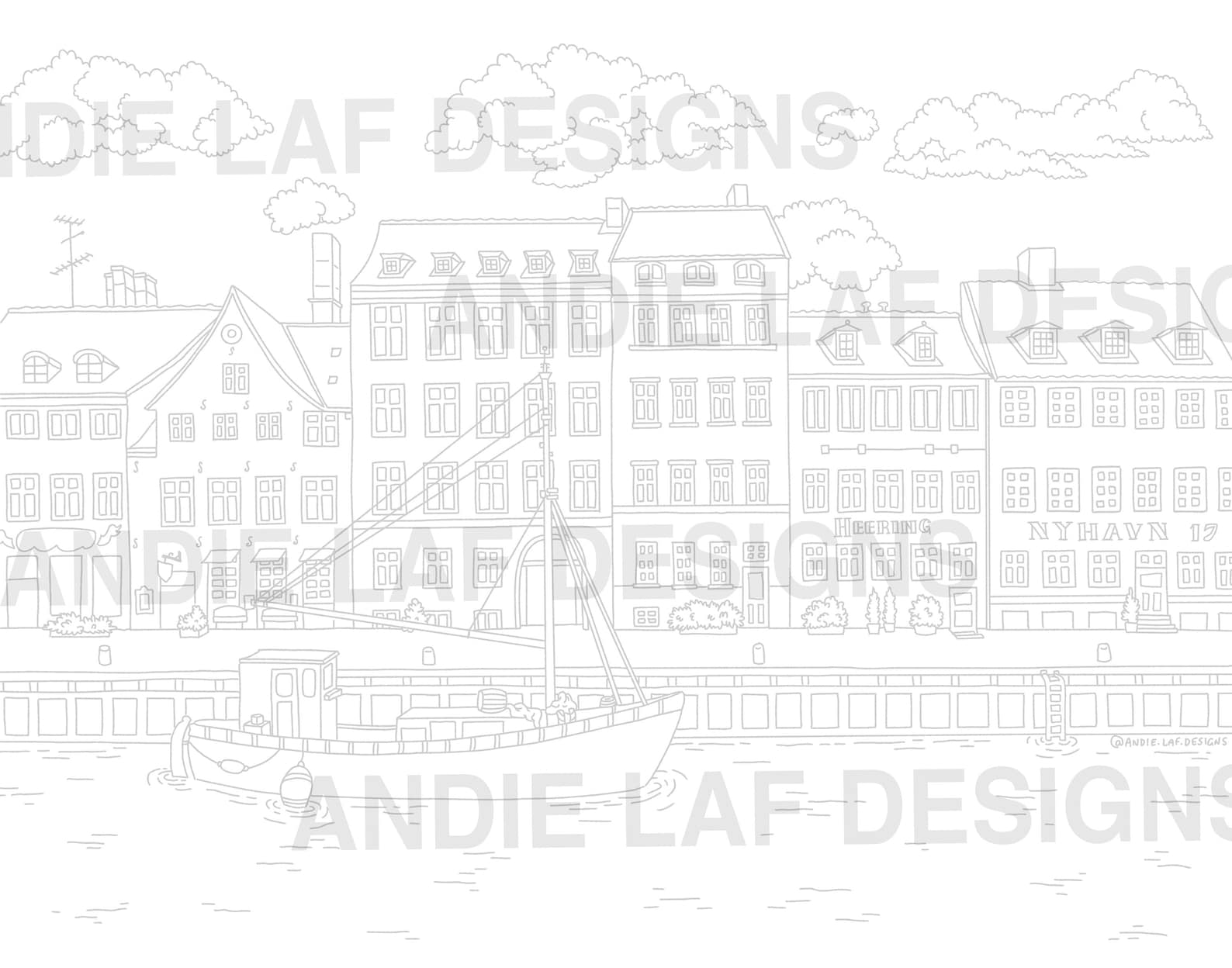 Nyhavn Canal Colouring Sheet, Copenhagen Urban Sketch (digital Download ...