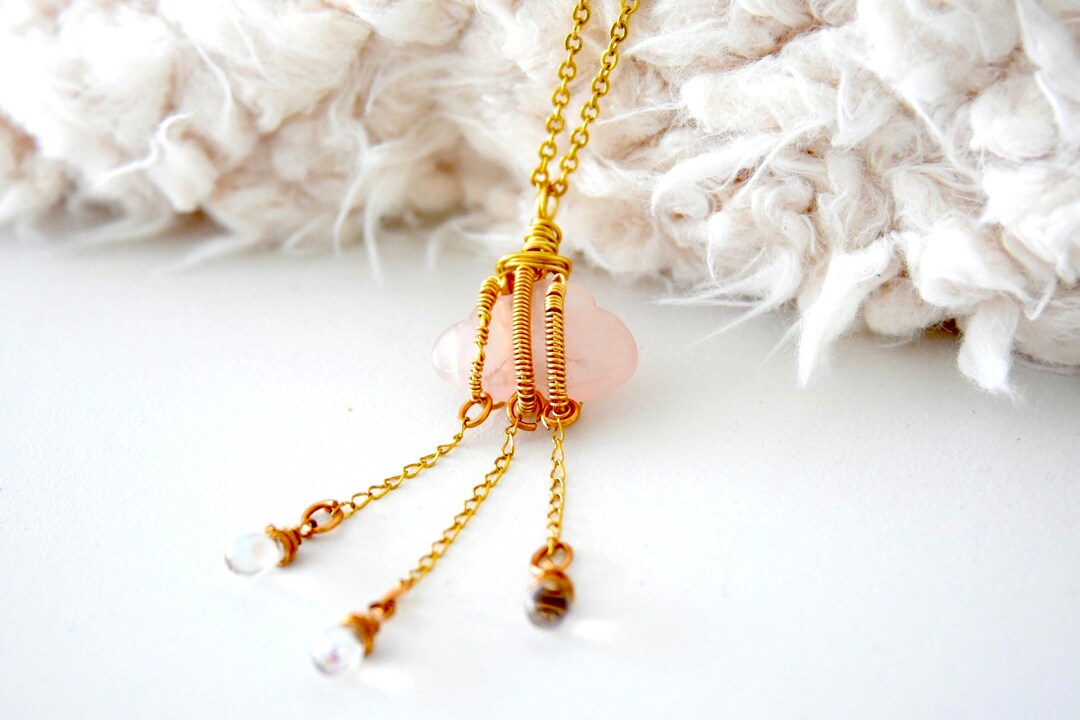 Cloud shape love quartz copper wire hand wrapped pendant rose quartz ...