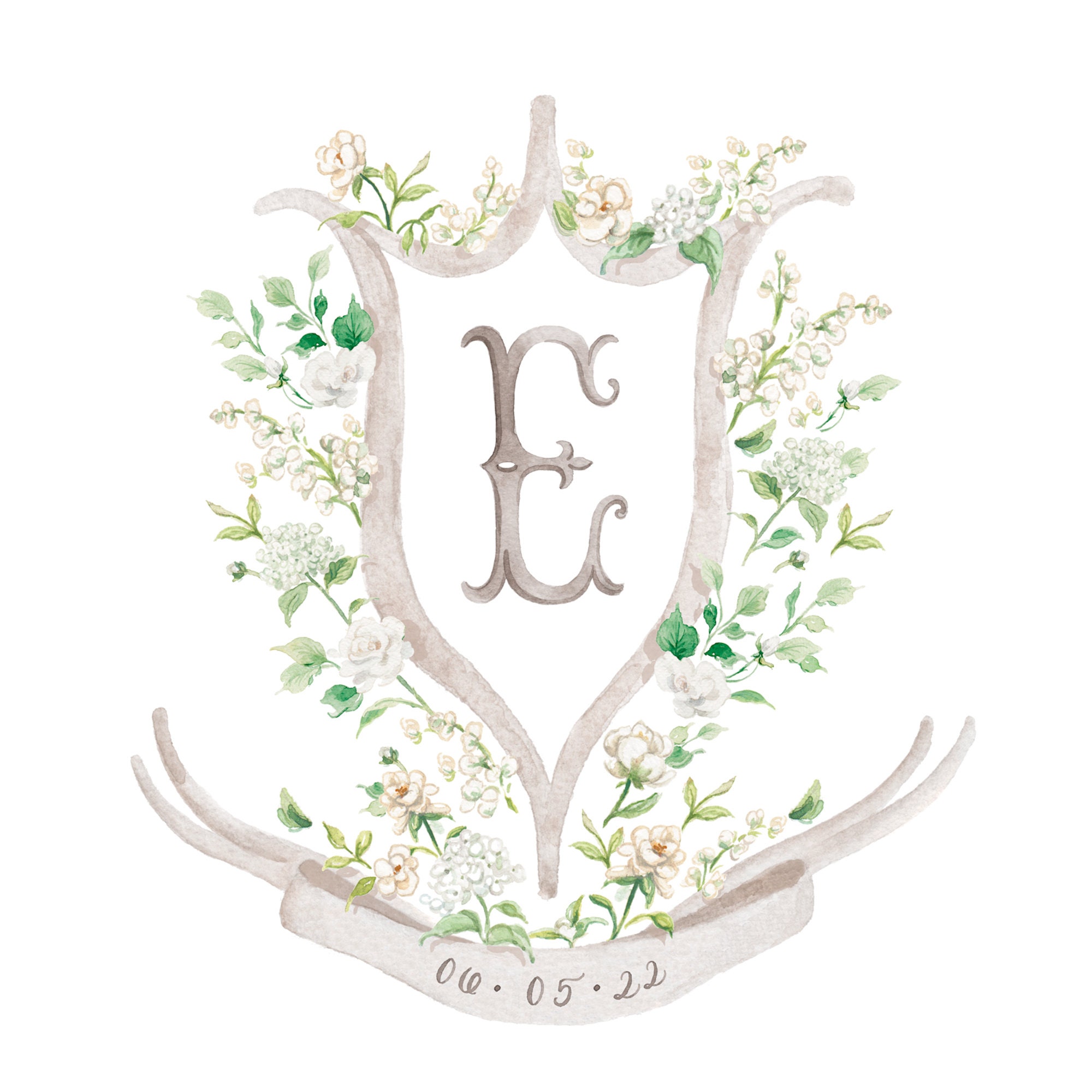 White Floral Personalized Watercolor Crest, Wedding Crest, Crest With ...