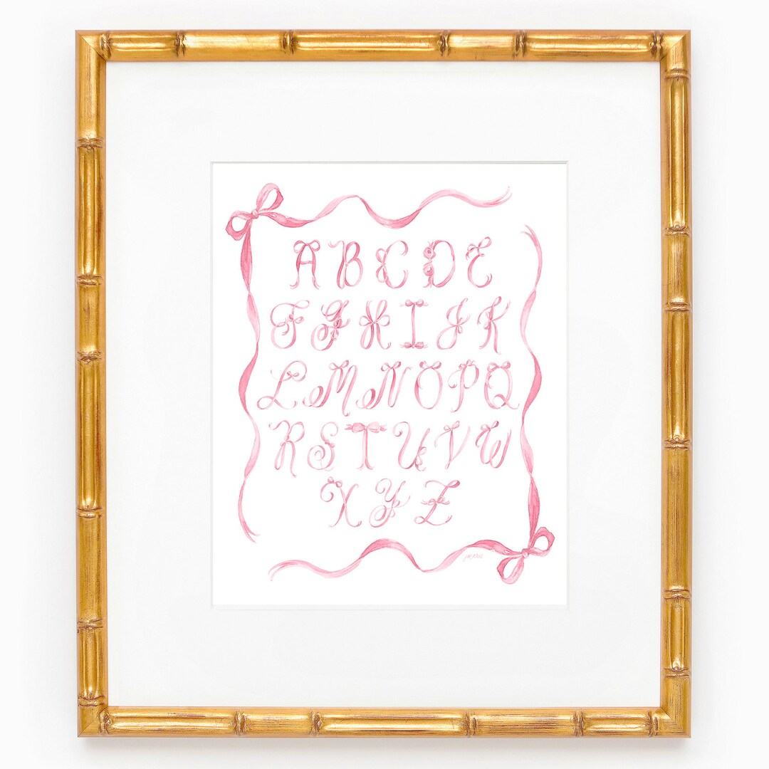 Pink Ribbons and Bows Alphabet Watercolor Art Print; Hand Painted Wall ...