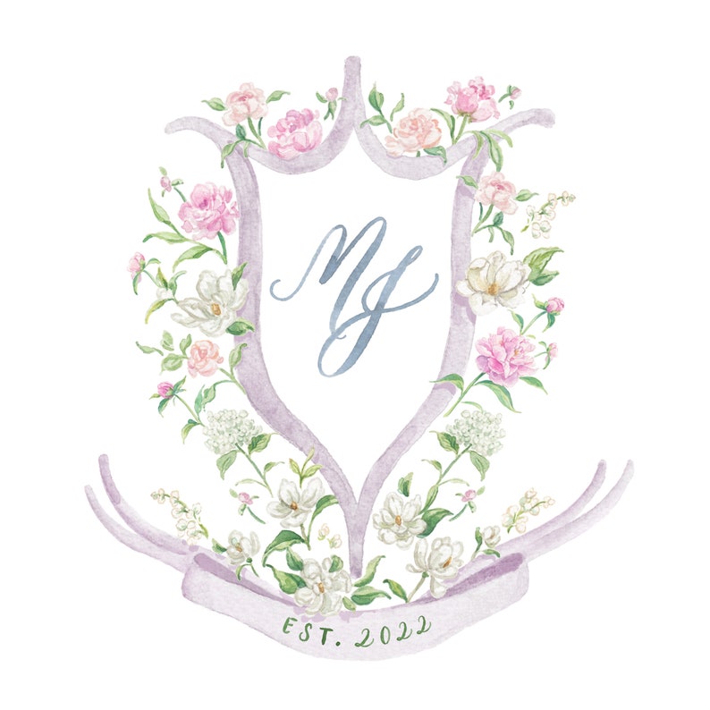 Peonies & Magnolias Personalized Watercolor Crest, Wedding Crest, Crest ...