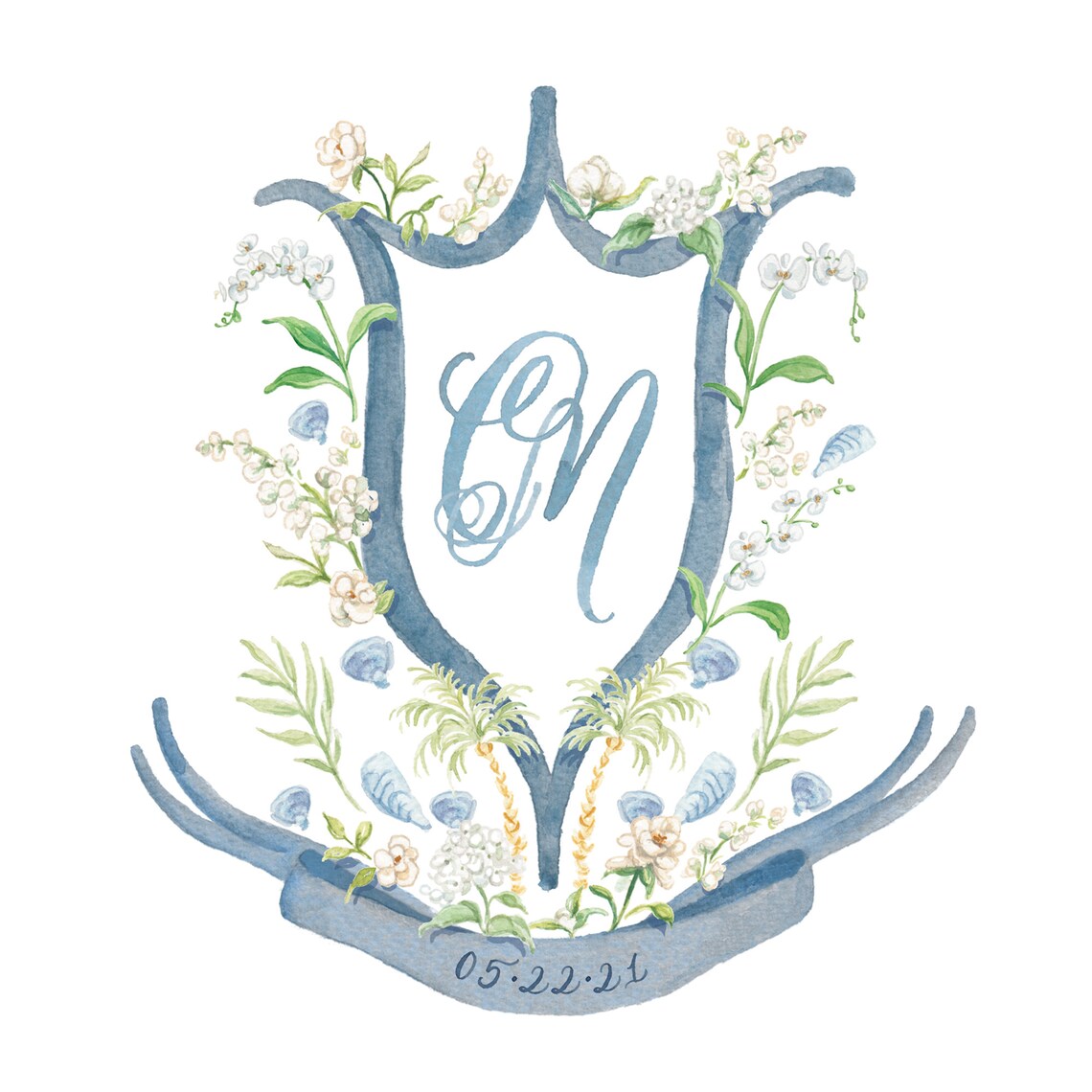 Coastal Orchids Personalized Watercolor Crest, Wedding Crest, Crest ...