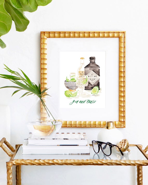 Gin and Tonic Watercolor Cocktail Art Print Bar Cart Decor | Etsy