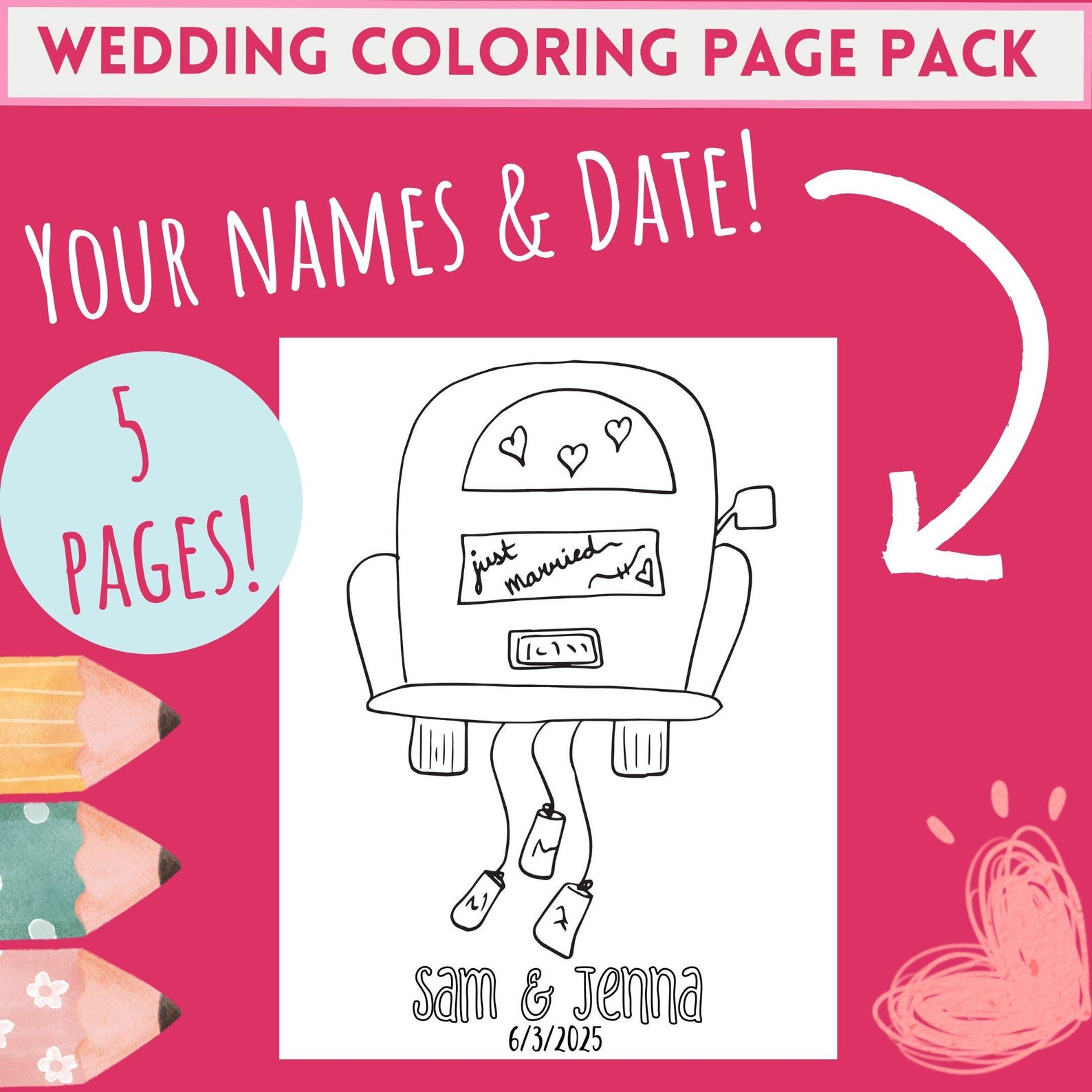 Custom Wedding Coloring Page Pack - 5 Pages Personalized With Your Name ...