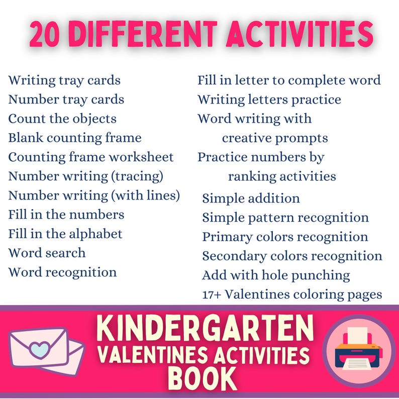 Valentines Themed Kindergarten Activities Worksheet, 20 Different ...