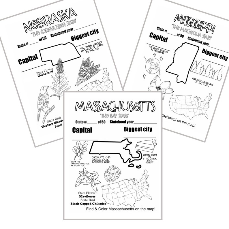 US State Facts Digital Coloring Book, Social Studies Printables ...