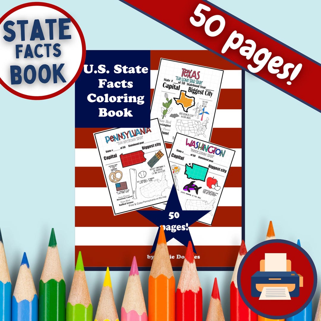 US State Facts Digital Coloring Book, Social Studies Printables ...