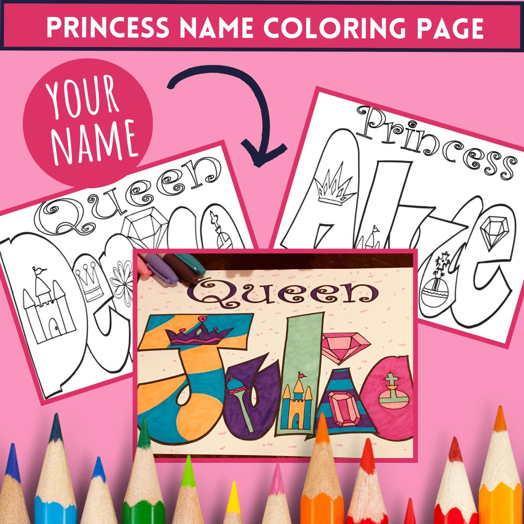 Princess Name Coloring Page - Custom Colorable Digital Sheet for Royal ...