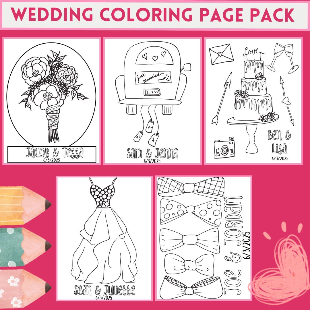 Custom Wedding Coloring Page Pack - 5 Pages Personalized With Your Name ...