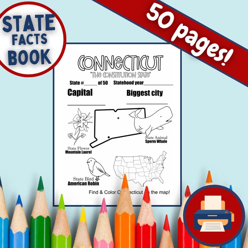 US State Facts Digital Coloring Book, Social Studies Printables ...