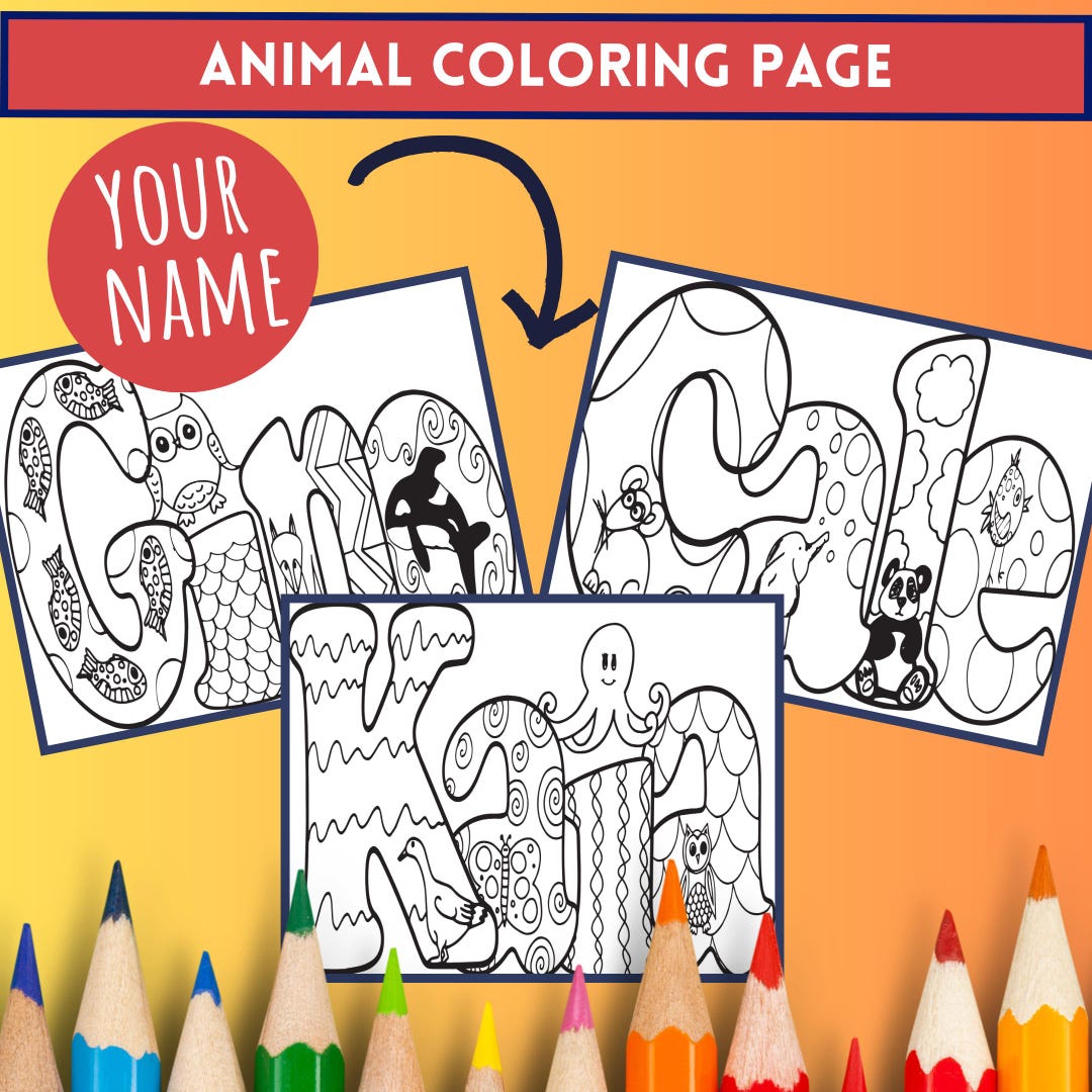 DIGITAL***ANIMAL STYLE Name Custom Coloring Page - Party Favor, Class ...