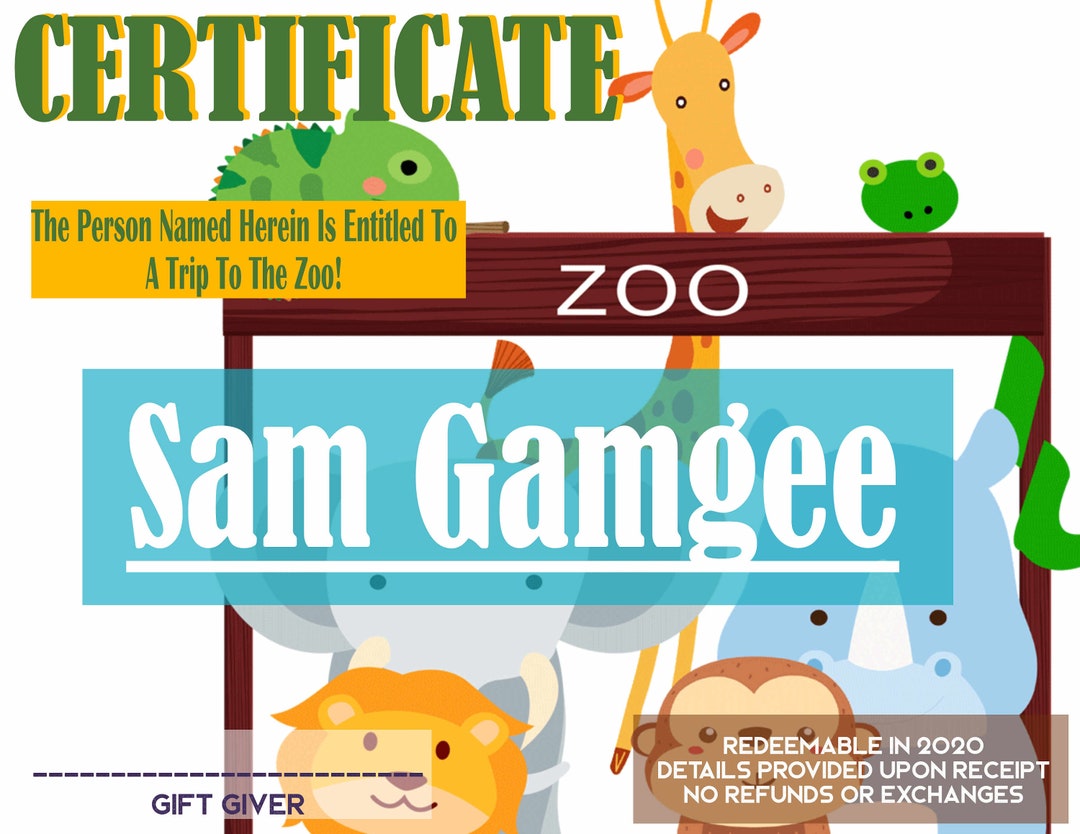 DIGITAL*** Custom Gift Certificate for A Trip to the Zoo, Name the ...