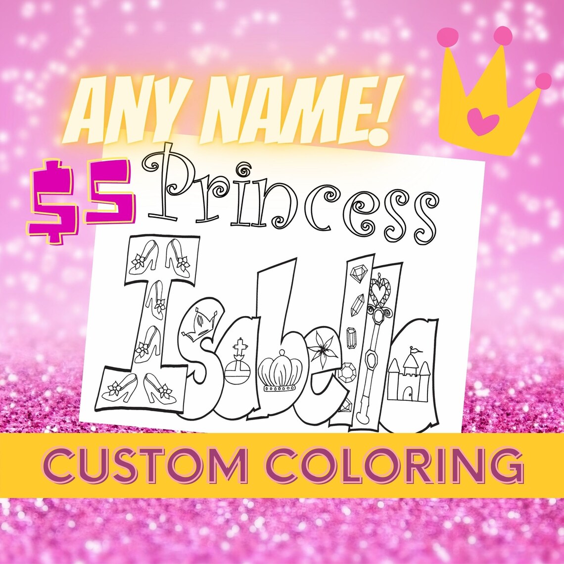 Princess Name Coloring Page Custom Colorable Digital Sheet | Etsy