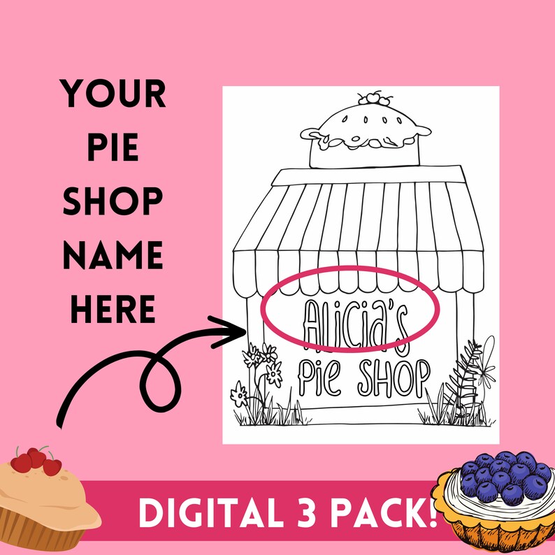 3 Pack Custom Pie Shop Coloring Page Printables - PDF - Kids Coloring ...