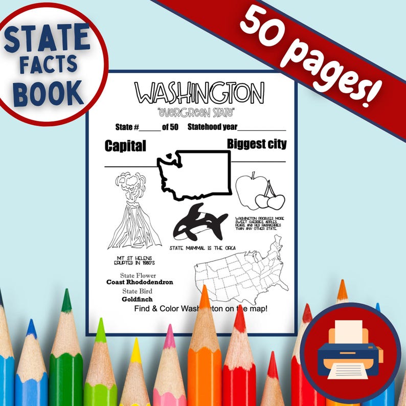 US State Facts Digital Coloring Book, Social Studies Printables ...