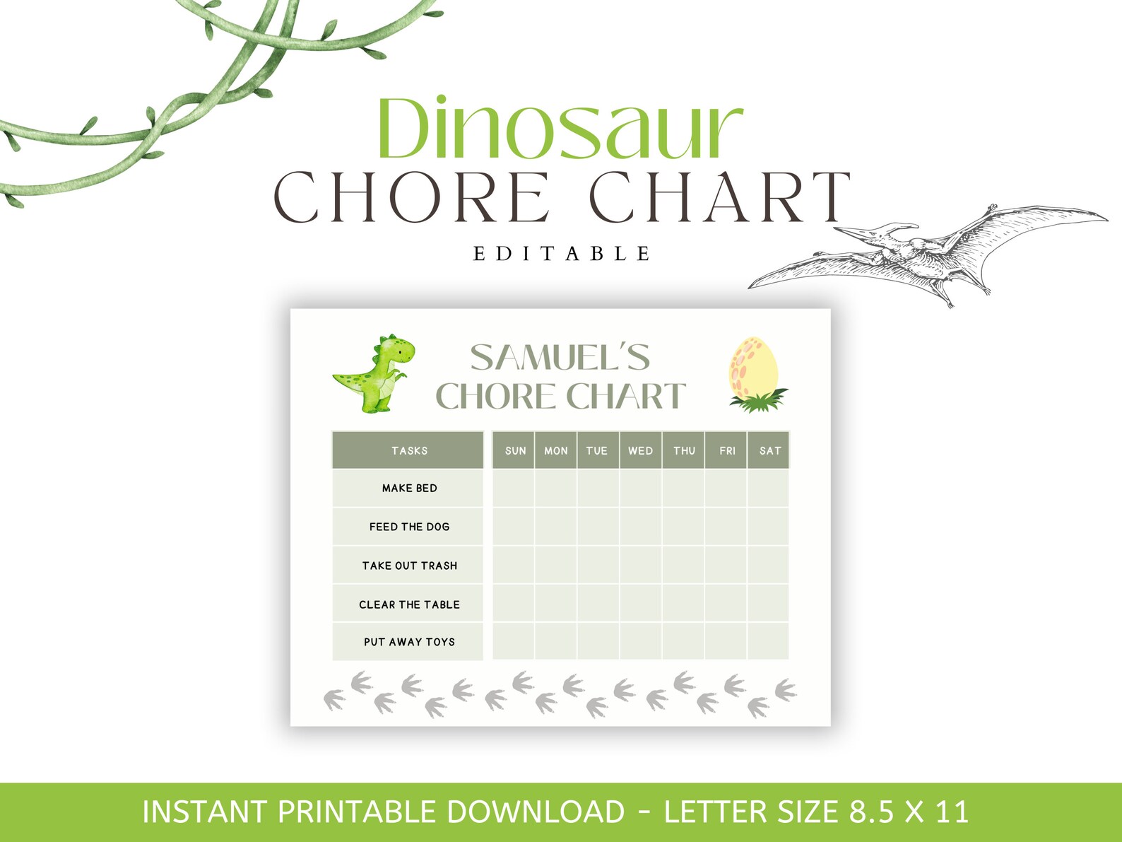 Chore Chart Dinosaur, Editable Chore Chart, Printable, Canva Template ...