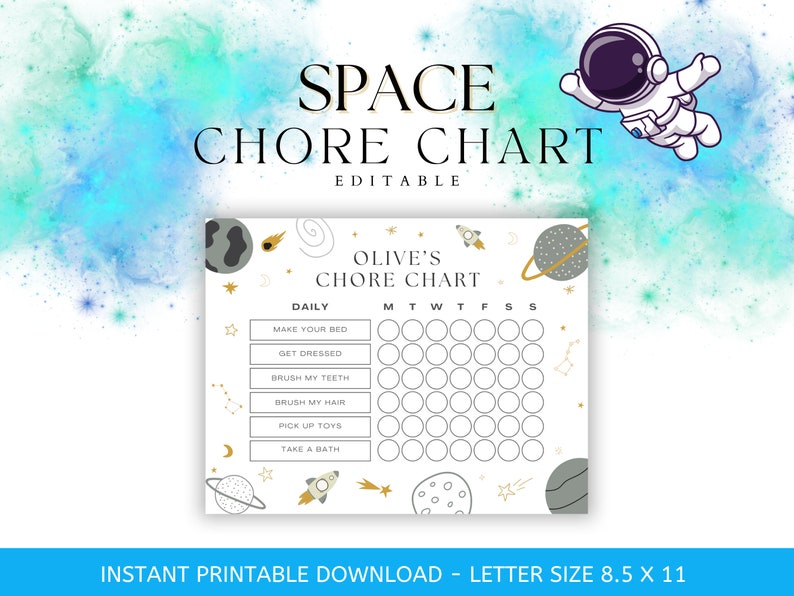 Chore Chart Space, Editable Chore Chart, Printable, Canva Template ...