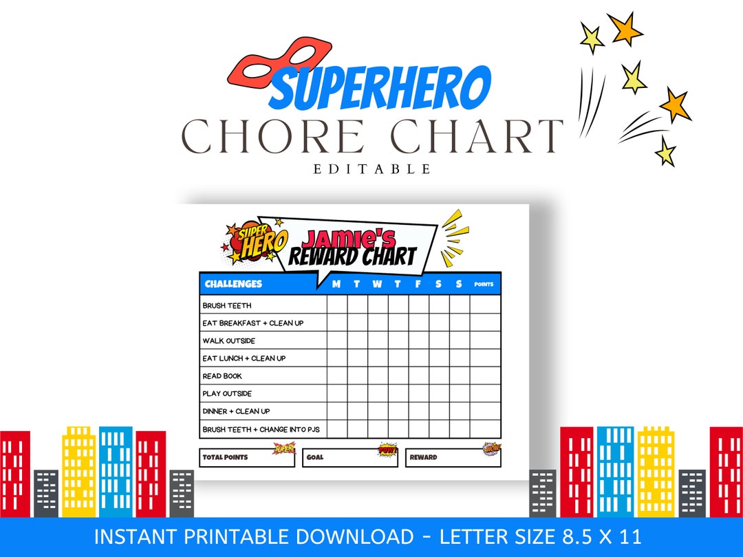Chore Chart Superhero, Editable Chore Chart, Printable, Canva Template ...